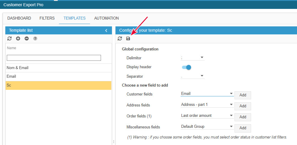 How to create a customer export template? prestashop